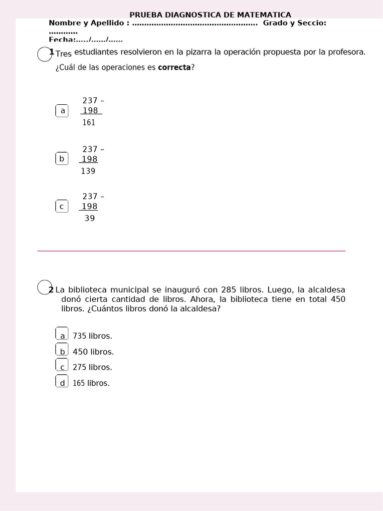 Prueba Diagnóstica Matemática 2, Conozcamos Nuestros Aprendizajes. 4°. Grado de Primaria | PDF