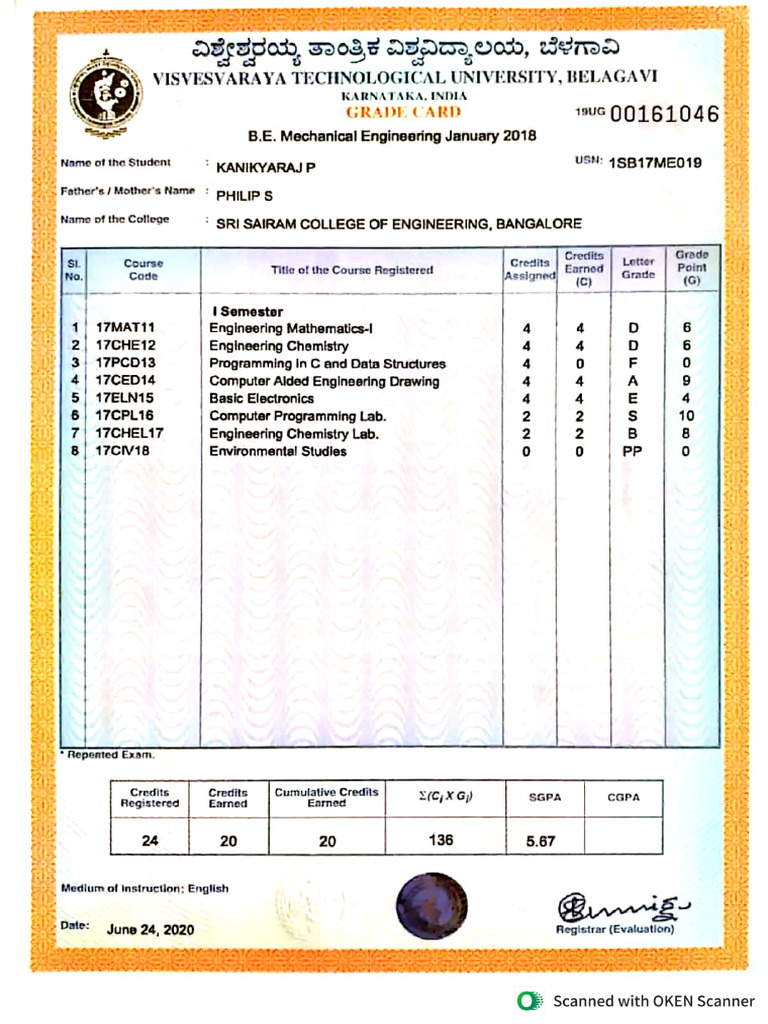 Be Mechanical Engineer Marksheet | PDF