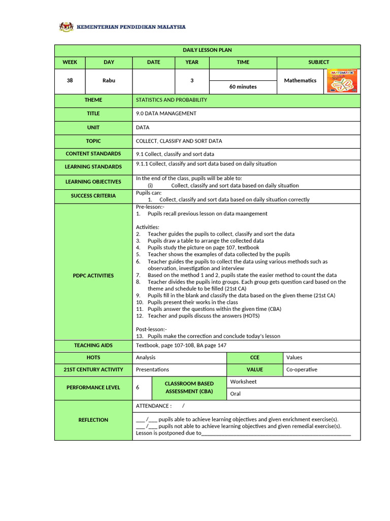 RPH MT DLP y 3 Tajuk 9 (m38-m39) | PDF | Teachers | Lesson Plan