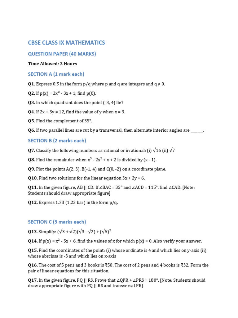 Class 9 CBSE Maths Question Paper | PDF
