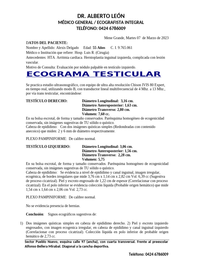 Ecograma Testicular Alexis Delgado | PDF | Especialidades Medicas ...