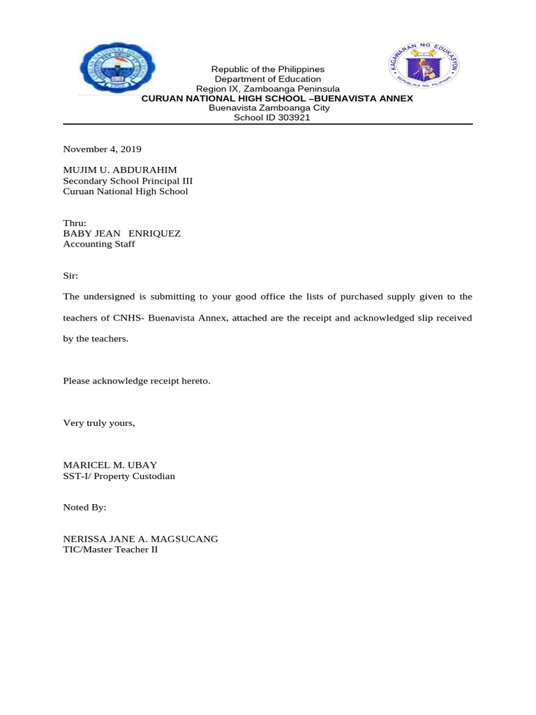 Supply Receipt Submission for CNHS-Buenavista | PDF