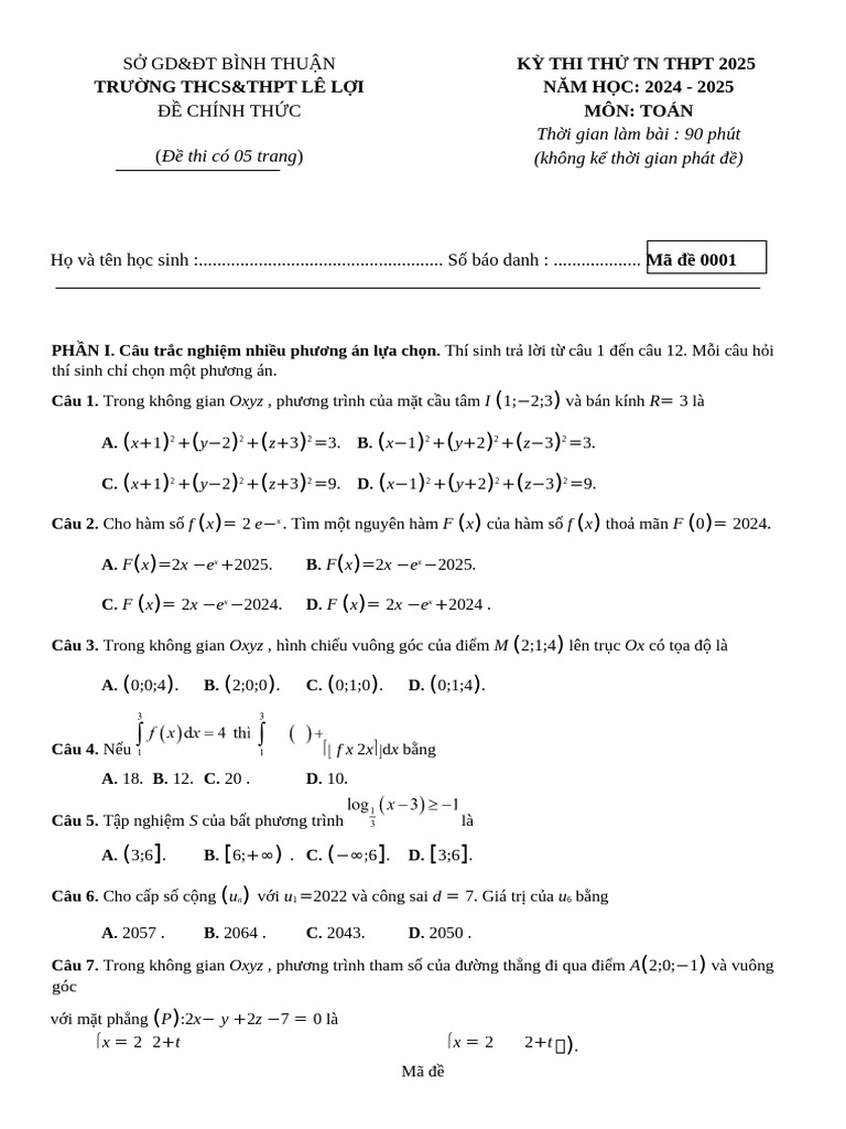 De Thi Thu TN THPT 2025 Mon Toan Truong THCSTHPT Le Loi Binh Thuan | PDF