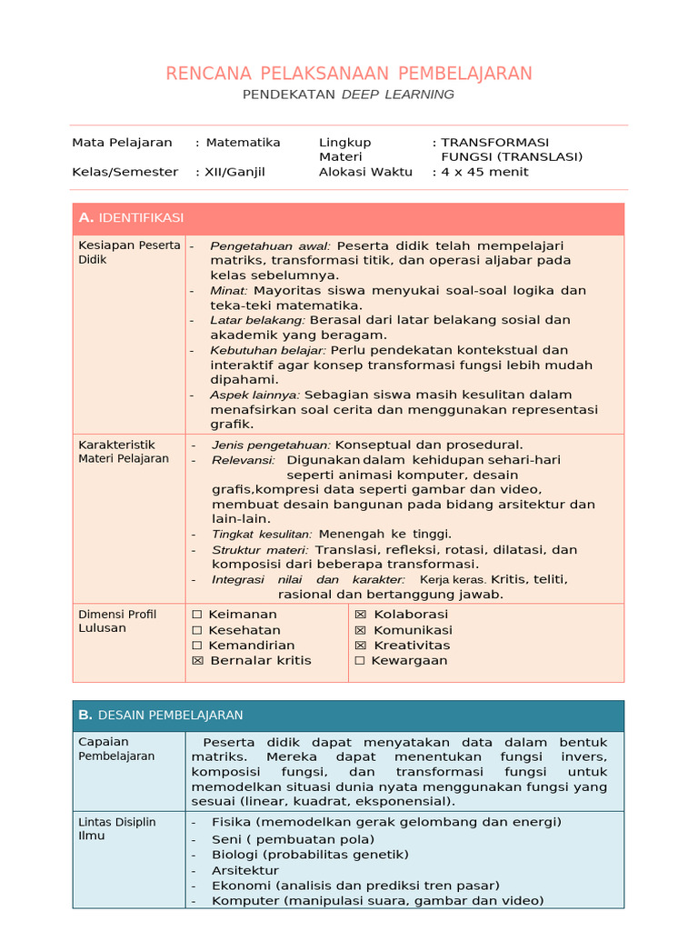 RPP Deep Learning Matematika Xii - Transformasi Fungsi | PDF