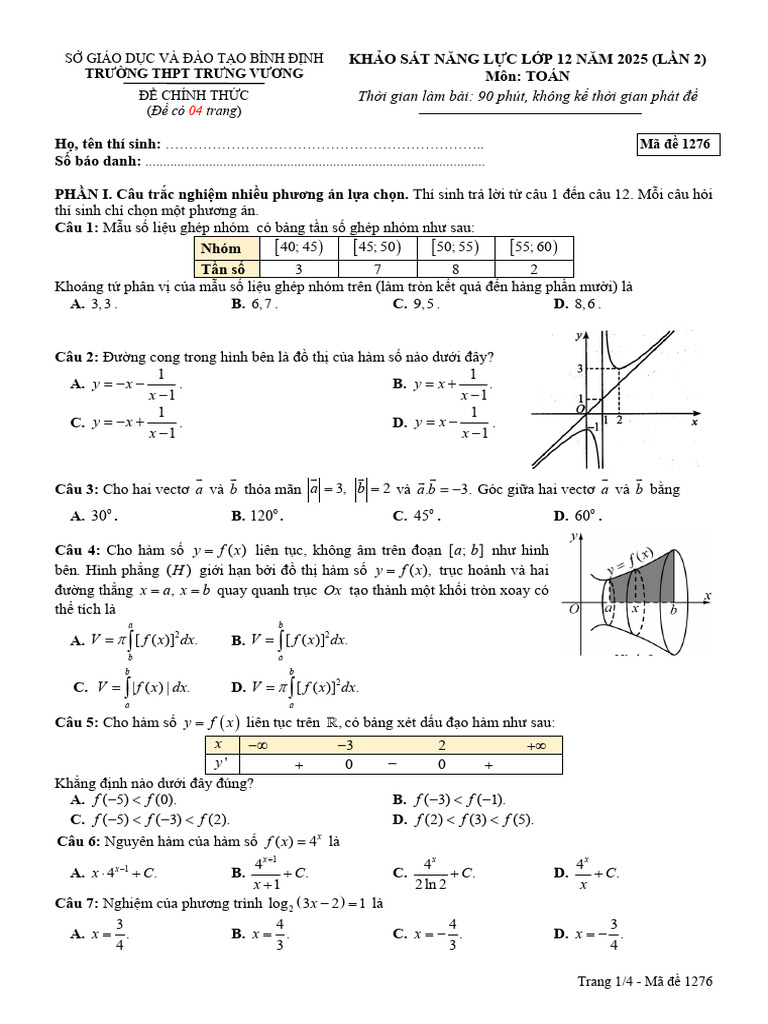 De Khao Sat Toan 12 Nam 2025 Lan 2 Truong THPT Trung Vuong Binh Dinh | PDF