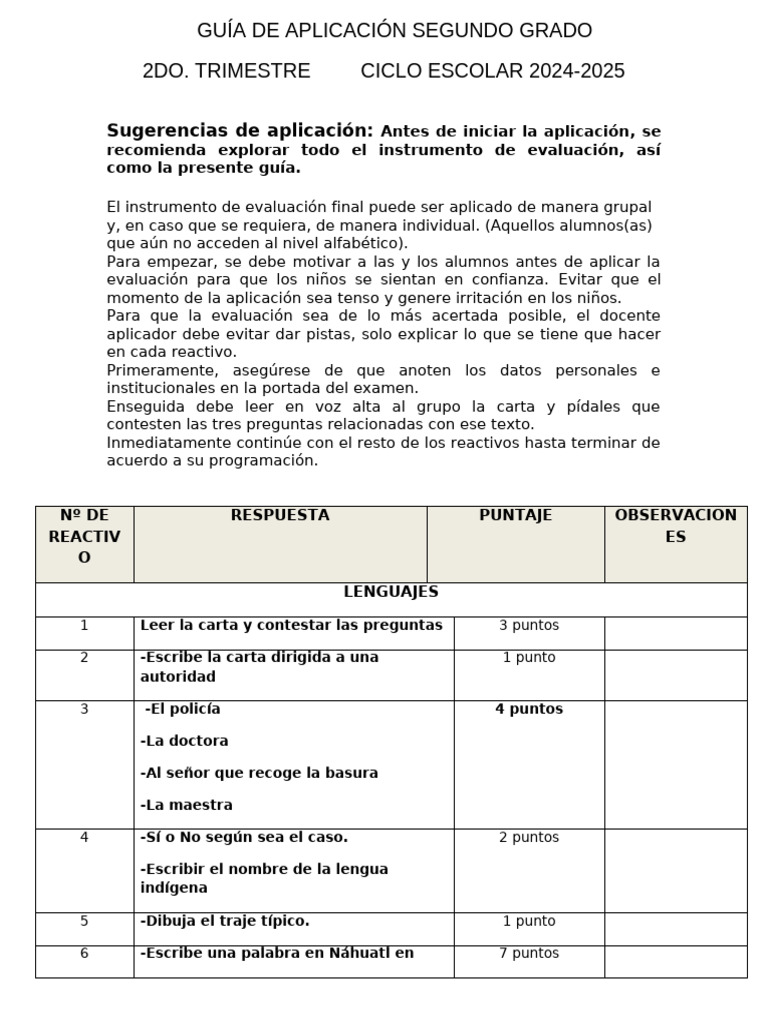 Guía de Aplicación Examen Final - Segundo Grado | PDF