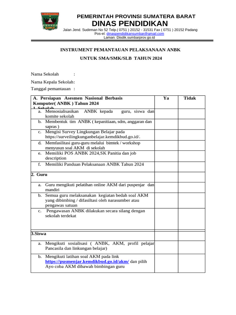 Instrumen Monev ANBK 2024 untuk Sekolah | PDF