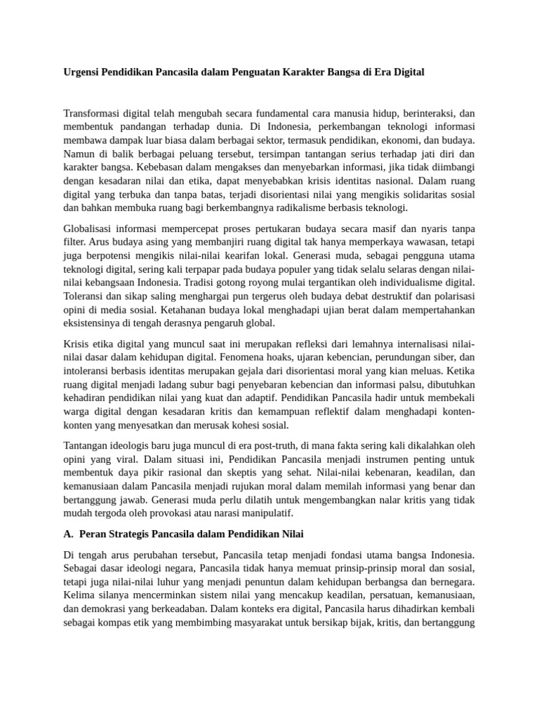 Urgensi Pendidikan Pancasila dalam Penguatan Karakter Bangsa di Era Digital | PDF