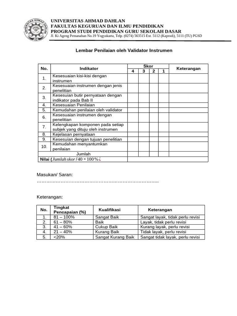 Lembar Penilaian Oleh Validator Instrumen | PDF
