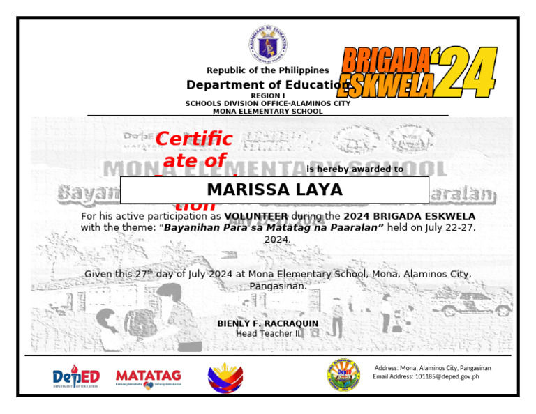 Certificate Brigada Eskwela 2024 | PDF