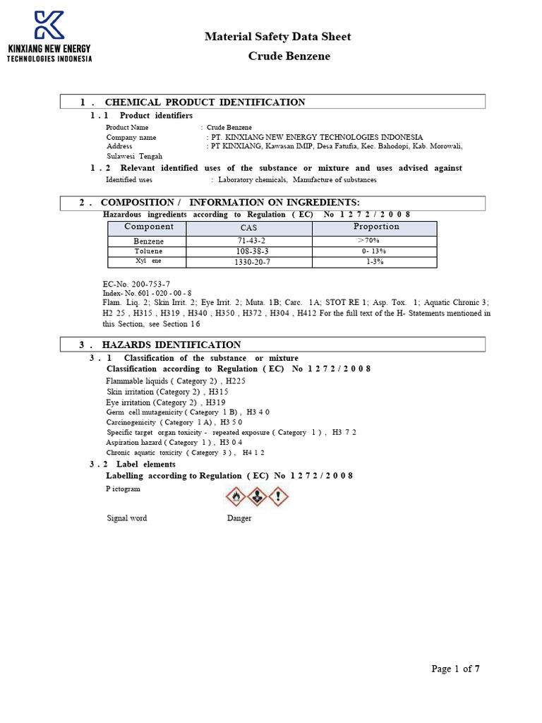 Crude Benzene MSDS (Kinxiang) | PDF | Benzene | Personal Protective ...