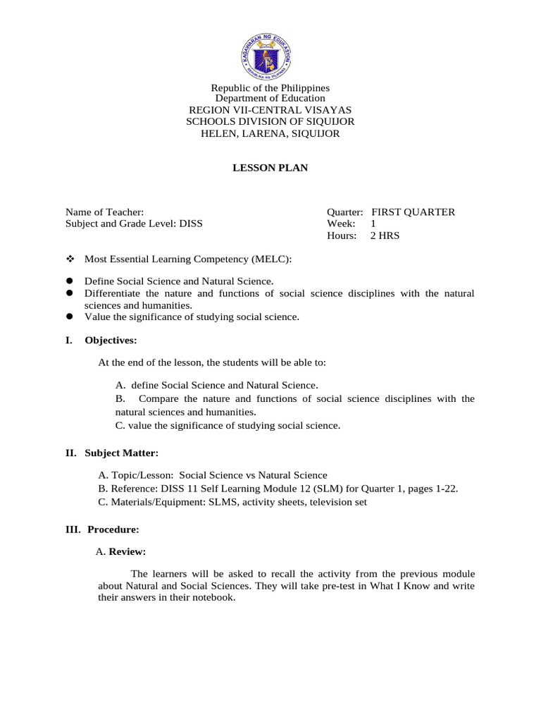 DISS - MAHINAY - Prototype Lesson Plan Quarter 1 Module 1 | PDF ...