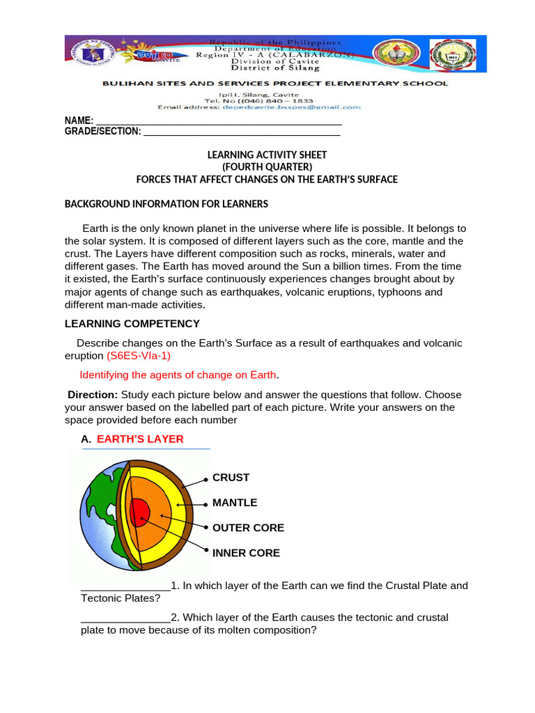 Forces Changing Earth's Surface: Activity Sheet | PDF | Earth | Crust ...