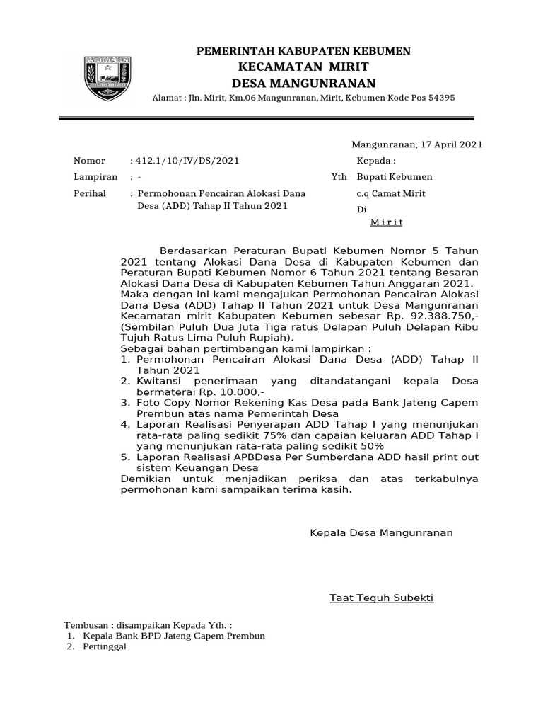 Permohonan Pencairan ADD Tahap II | PDF