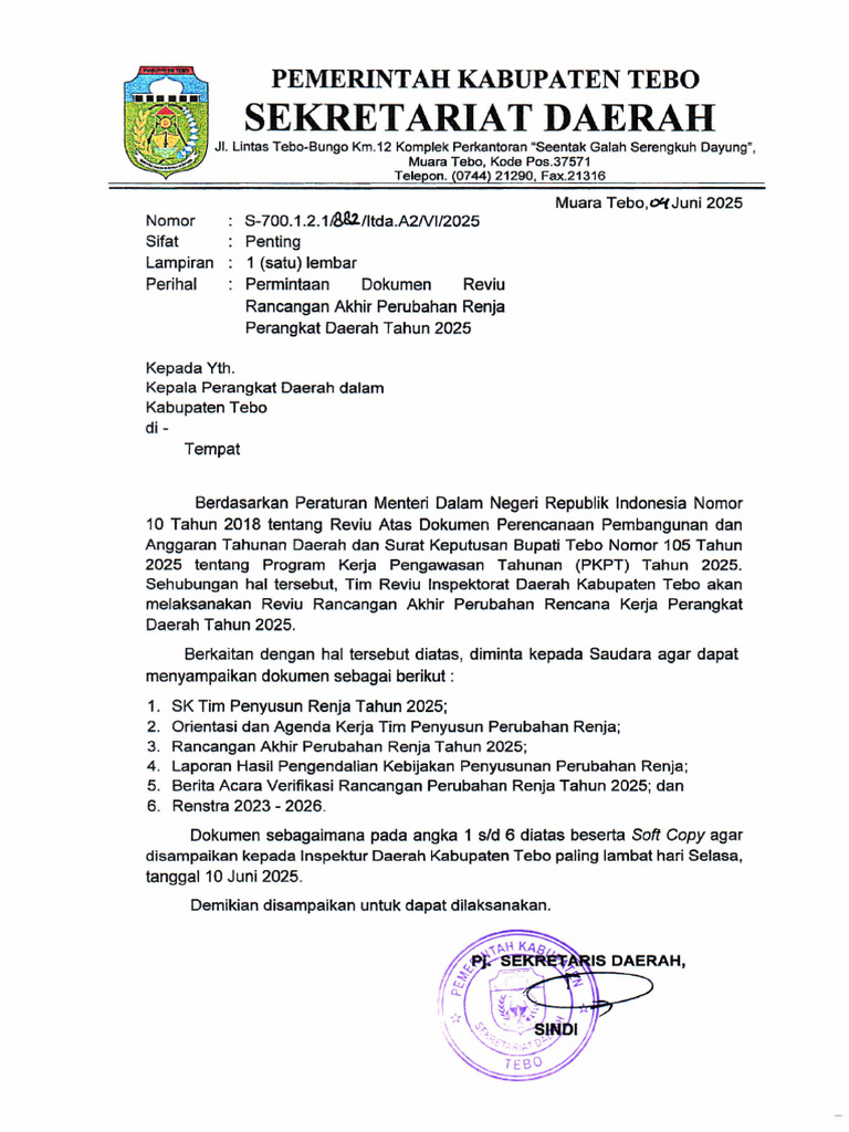 Surat Permintaan Dokumen Reviu Rancangan Perubahan Renja | PDF