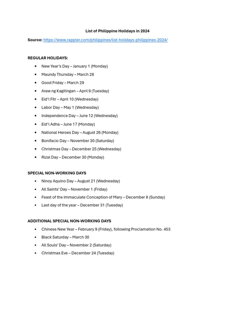 Philippine Holidays 2024 List | PDF