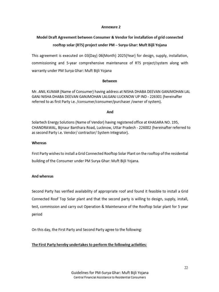 PM-Surya Ghar Vendor-Consumer Agreement | PDF | Solar Panel ...