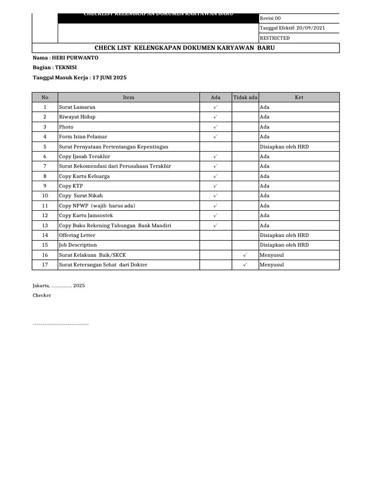 Check List Kelengkapan Dokumen Karyawan Baru-2021 - Baru | PDF
