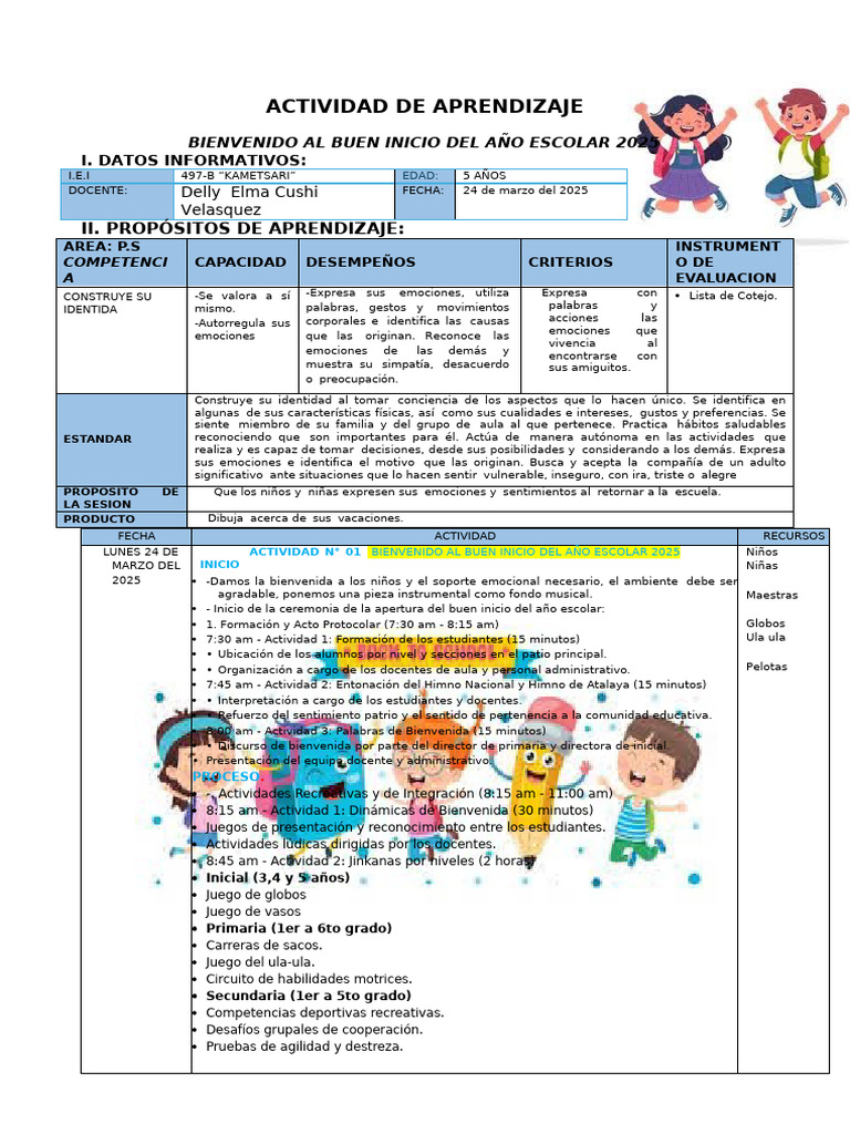 ACTIVIDAD DE APRENDIZAJE Buen Inicio Del Año. 24.03.25 | PDF | Las emociones | Aprendizaje