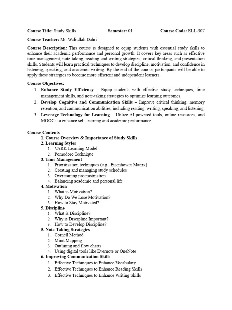 (Revised) Course Outline Study Skills Semester 1 | PDF | Study Skills ...