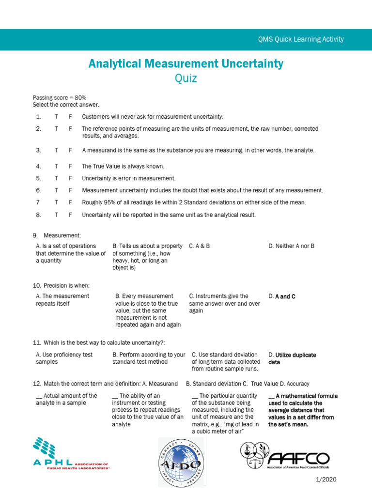 QMS Analytical Measurement Uncertainty Quiz - 2020 | PDF | Standard Deviation | Measurement