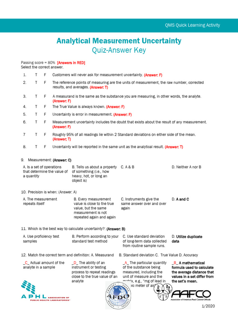 QMS Analytical Measurement Uncertainty Quiz-Answer-Key - 2020 | PDF ...