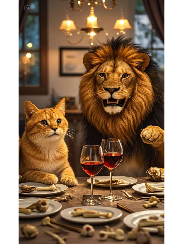 _A Comedic Moment in a Cozy Dining Room . Two Anthropomorphic Animals—a ...