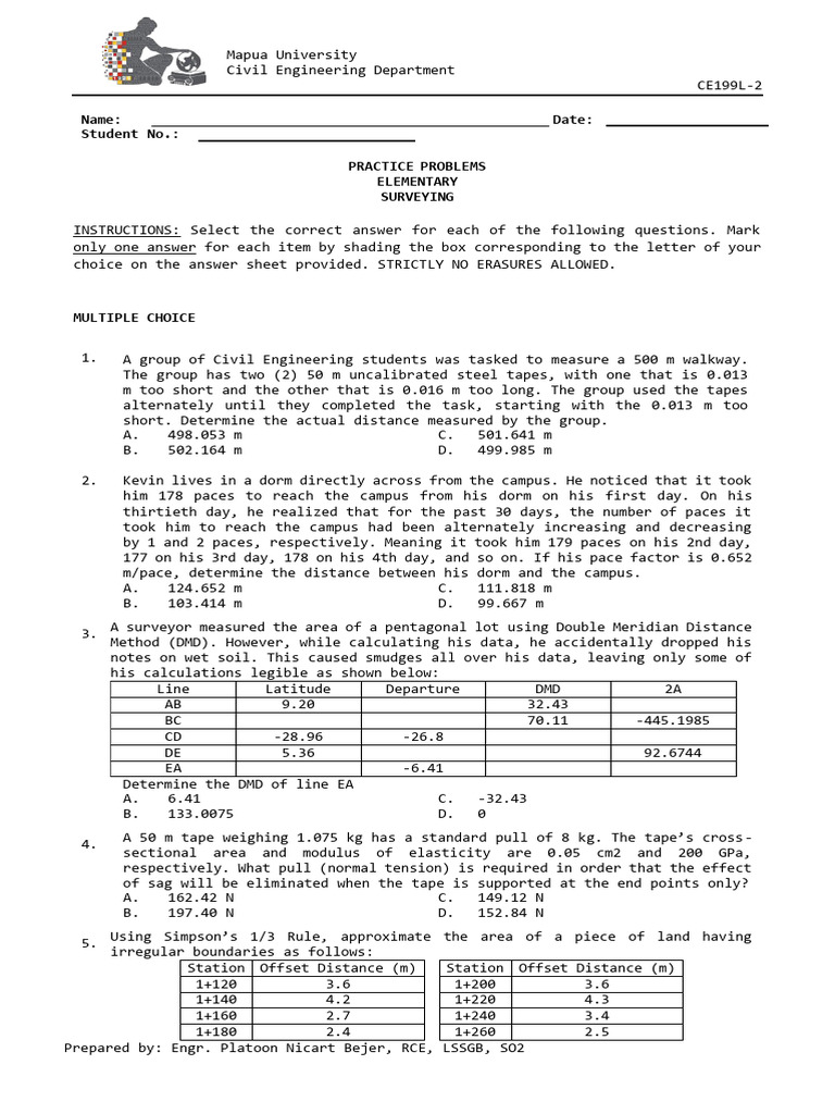 B1 B3 B4 1Q2425 C2 Practice Problems Elem Surveying | PDF | Surveying