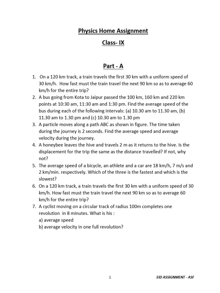 Class IX - Physics - Home - Assignment | PDF | Speed | Physical Quantities