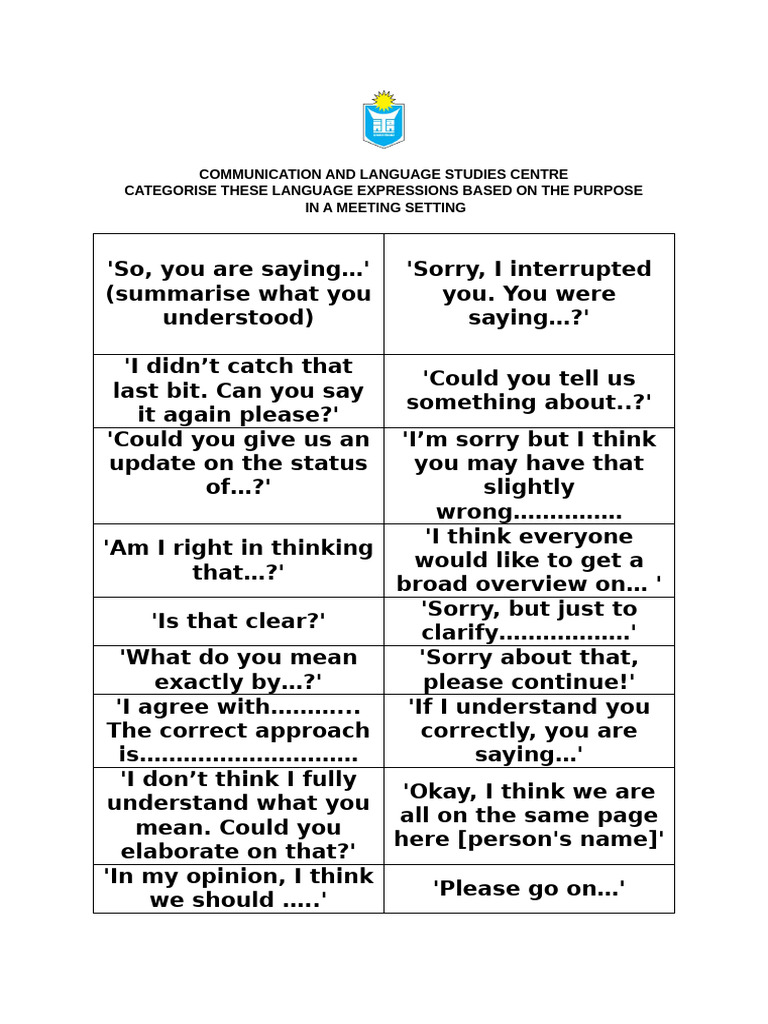 Categorise These Language Expressions Based On To The Purpose in A ...