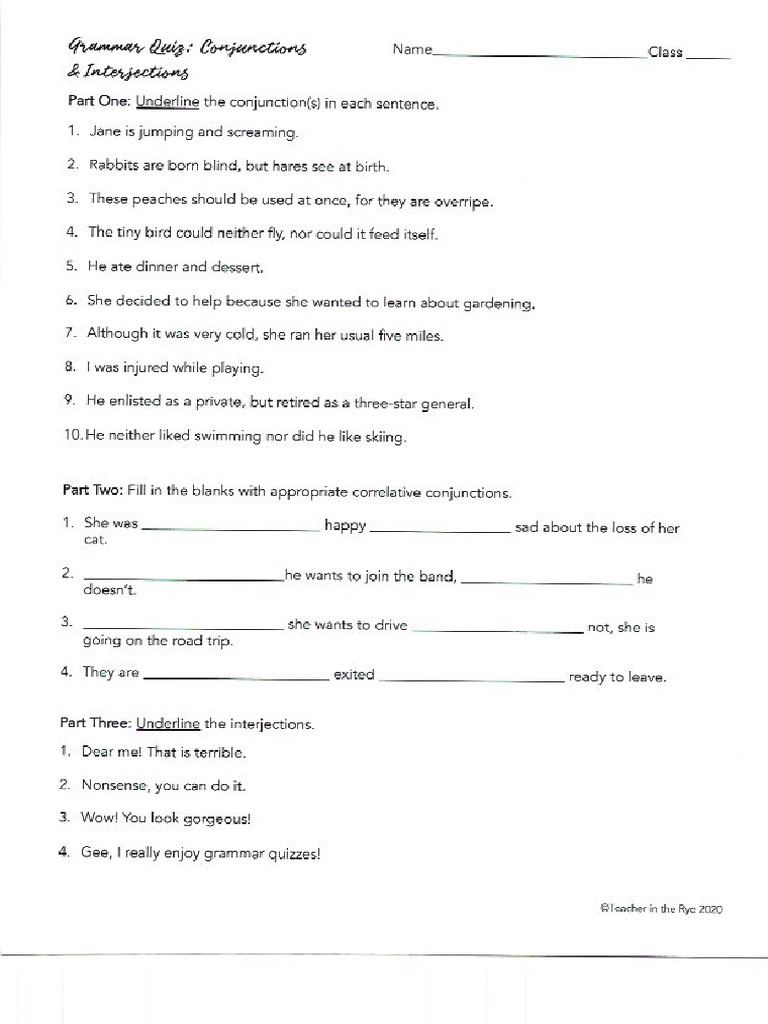 Grammar Quiz - Conjunctions-Interjections - PG 1 | PDF