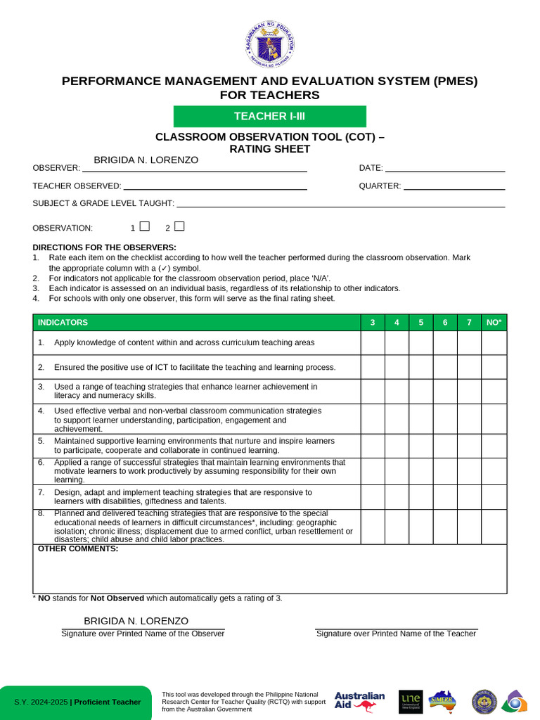 TI TIII Rating Sheet For Proficient Teacher For SY 2024 2025 | PDF ...