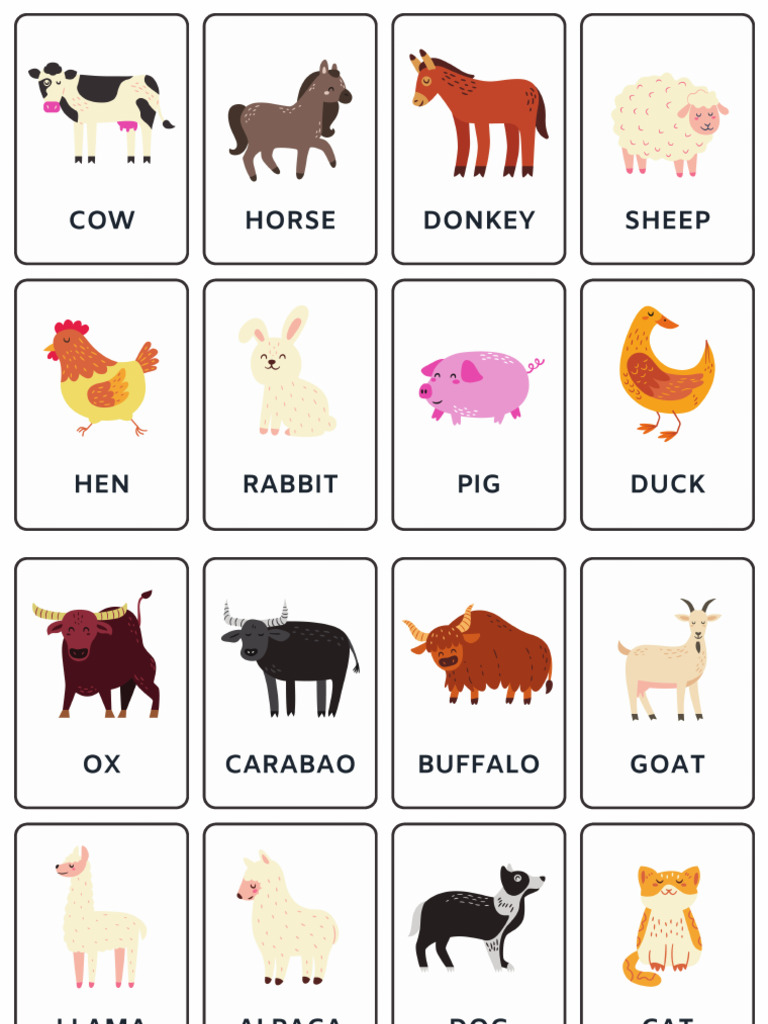 White Colorful Farm Animals Flashcards | PDF