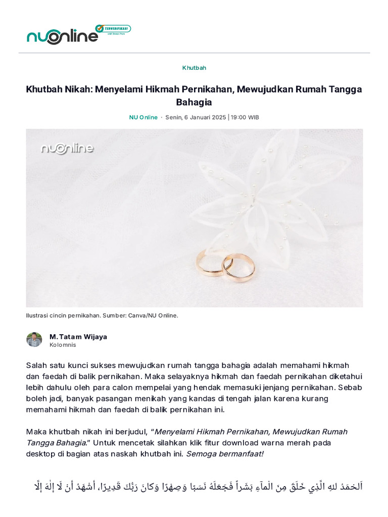 Khutbah Nikah - Menyelami Hikmah Pernikahan, Mewujudkan Rumah Tangga Bahagia | PDF