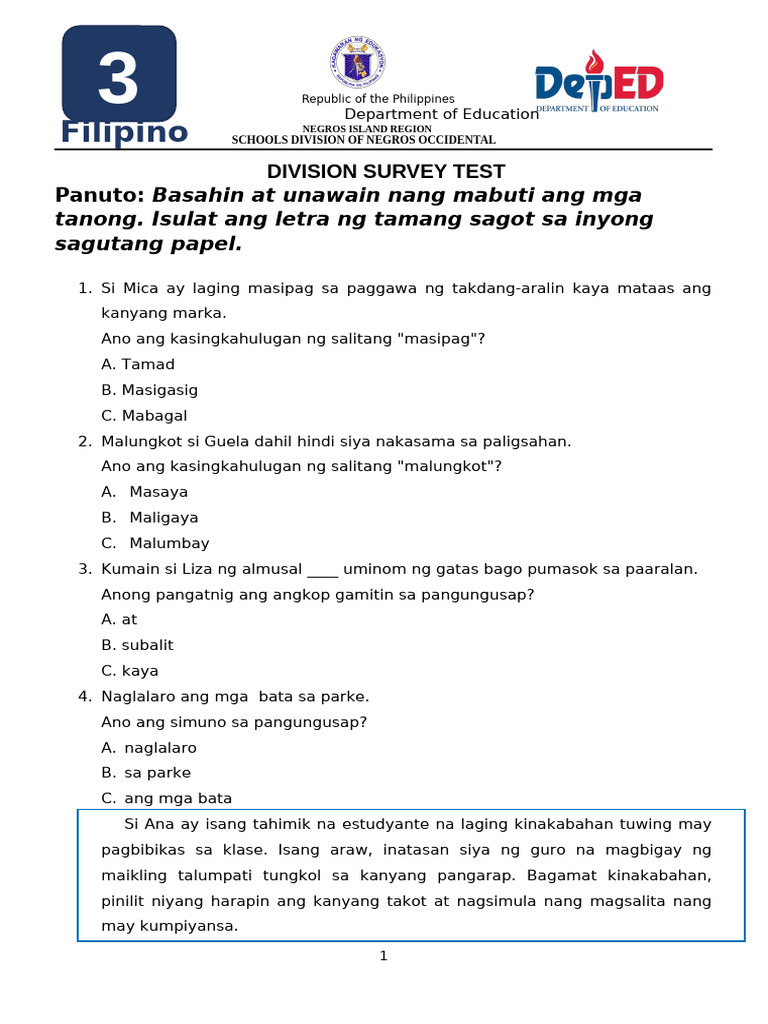 Survey Test - Filipino 3 | PDF