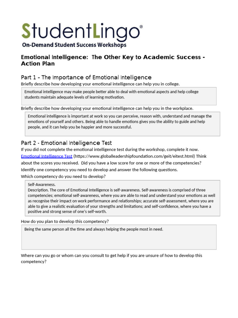 Action Plan - Emotional Intelligence - The Other Key To Academic ...