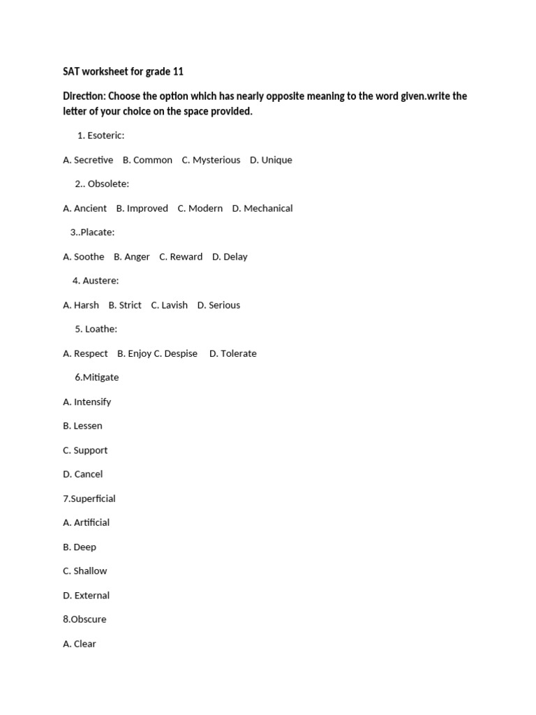 SAT Vocabulary and Logic Practice Worksheet | PDF