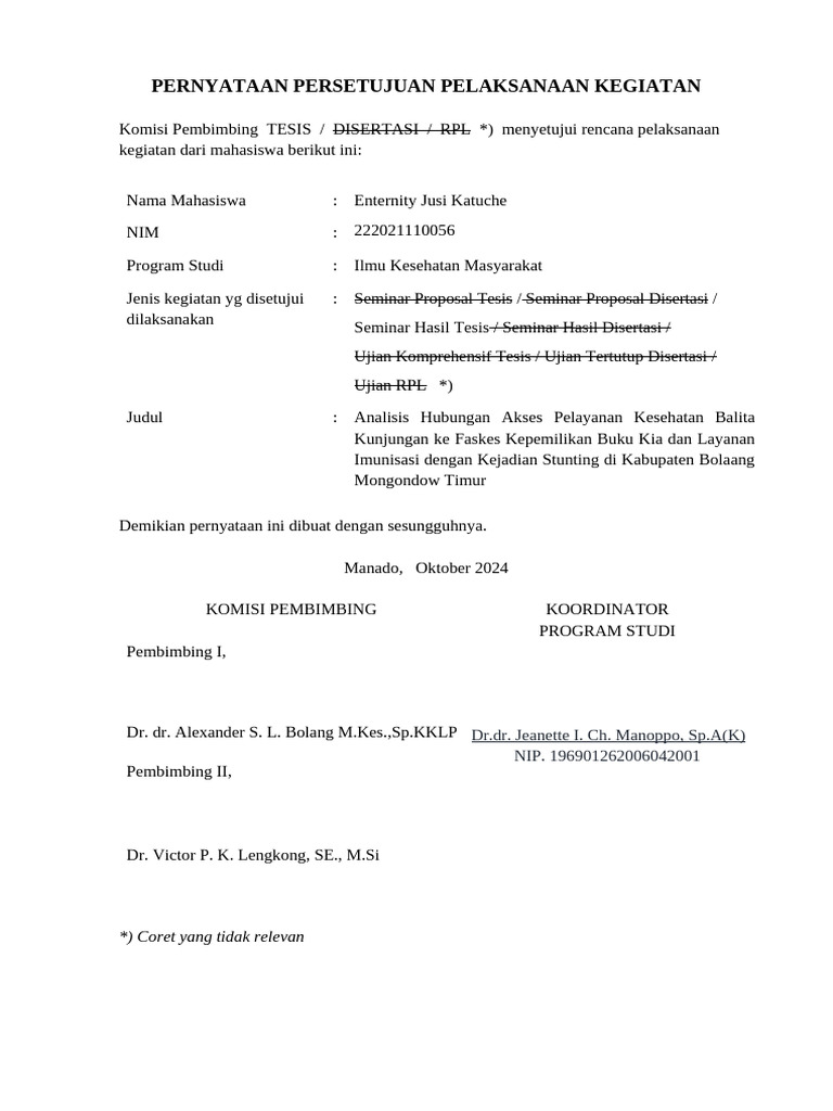 Lembar Persetujuan Pelaksanaan Kegiatan Prodi IKM Proposal Dan Hasil | PDF