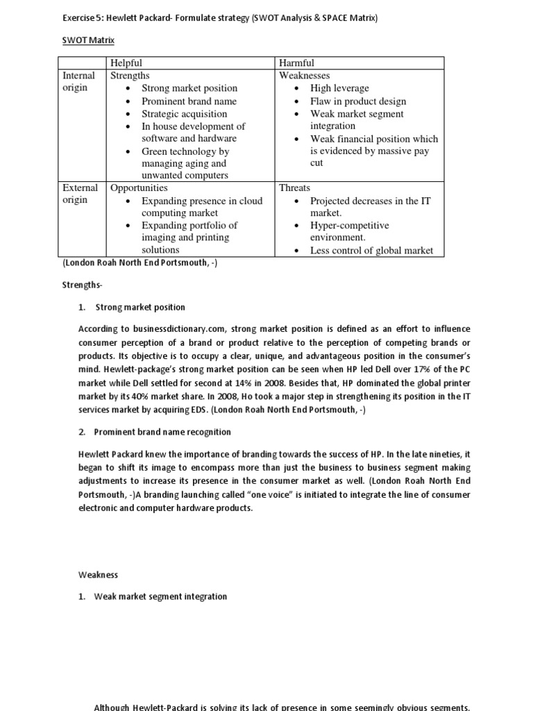 HP Swot & Space Matrix | PDF | Hewlett Packard | Dell