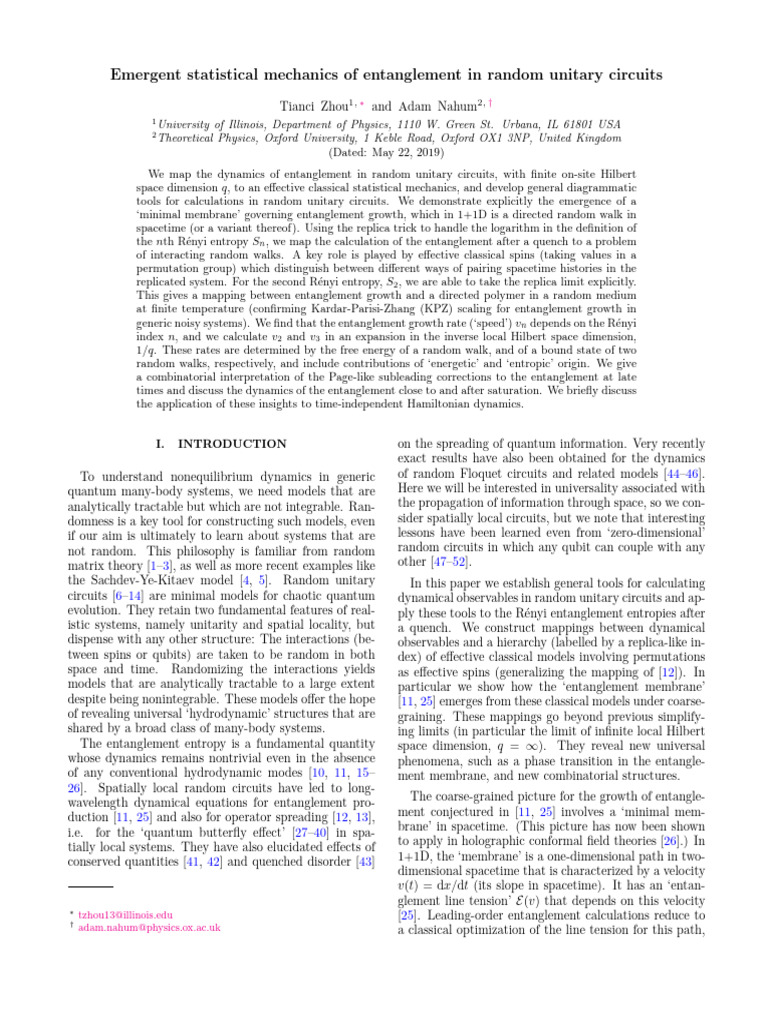 Emergent Statistical Mechanics of Entanglement in Random Unitary Circuits | PDF | Quantum ...