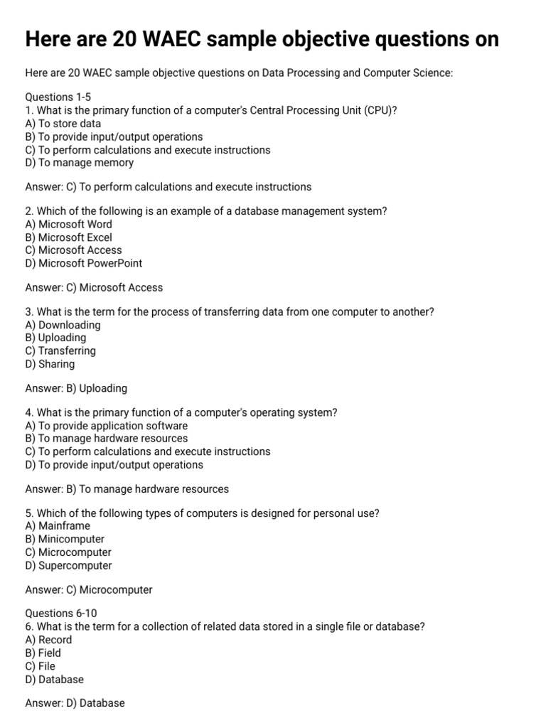Here Are 20 WAEC Sample Objective Questions On | PDF | Microcomputers ...