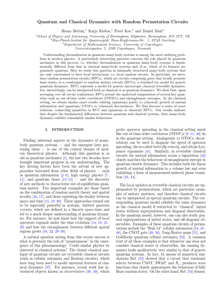 Quantum and Classical Dynamics With Random Permutation Circuits | PDF | Matrix (Mathematics ...