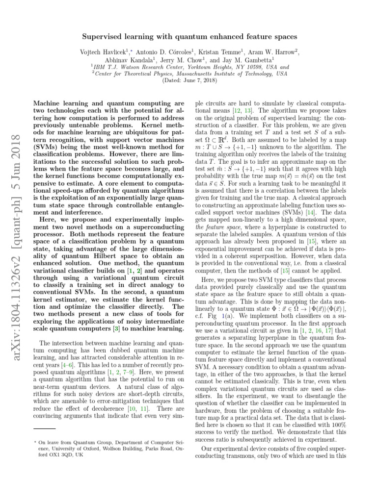 Supervised Learning With Quantum Enhanced Feature Spaces | PDF | Support Vector Machine ...