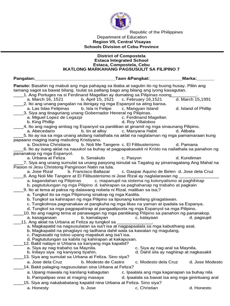 Filipino 7 q3 Periodical Test | PDF