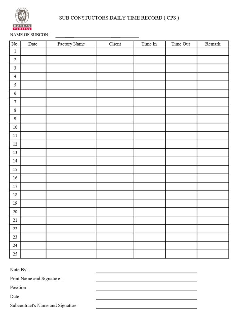 Sub Constuctors Daily Time Record | PDF