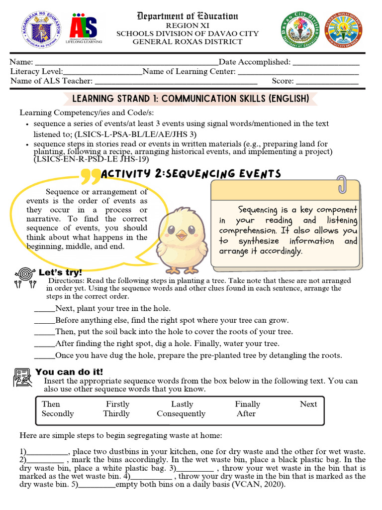 Sequencing Events in Literacy Activities | PDF | Cognition | Communication