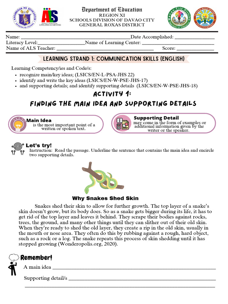 LS1 Main Idea and Supporting Details | PDF | Learning | Human Communication