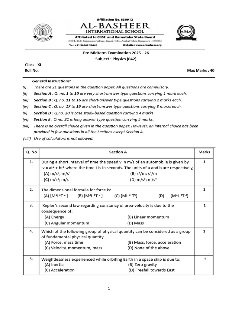 Pre Mid QP G11 Physics 25 | PDF | Newton's Law Of Universal Gravitation ...
