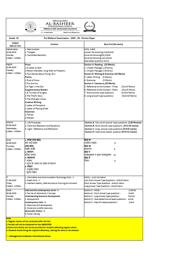 G10 - Premid Portion Paper 2025-26 | PDF