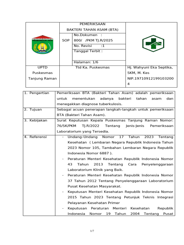 Sop Pemeriksaan Bta Tahun 2025 | PDF